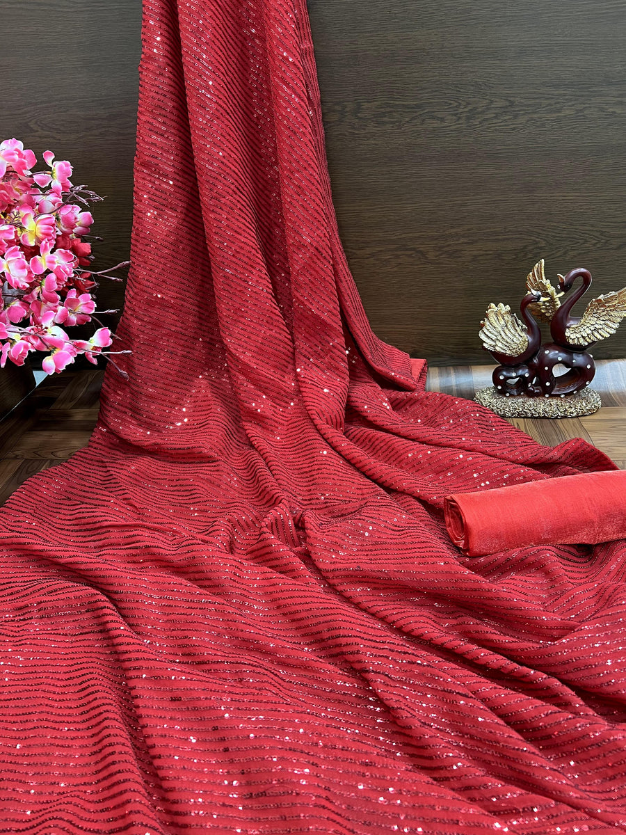 Red Satin Fancy Sequence Work Saree – Navavritti