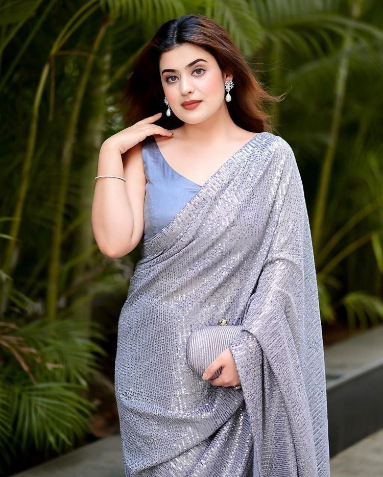 Grey Satin Fancy Sequence Work Saree – Navavritti