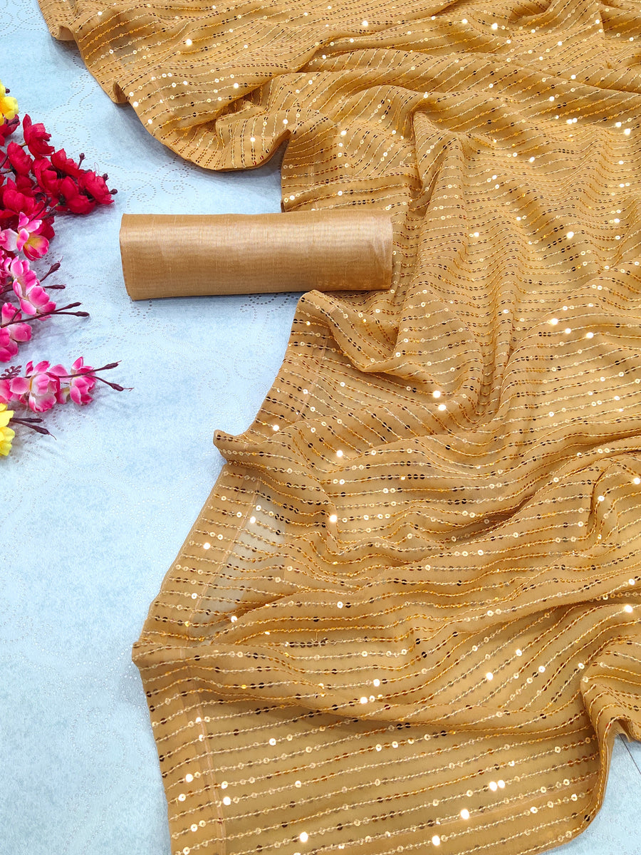 Golden Satin Fancy Sequence Work Saree – Navavritti