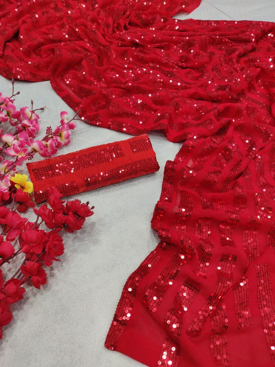 Metallic Red Sequence Work Saree – Navavritti